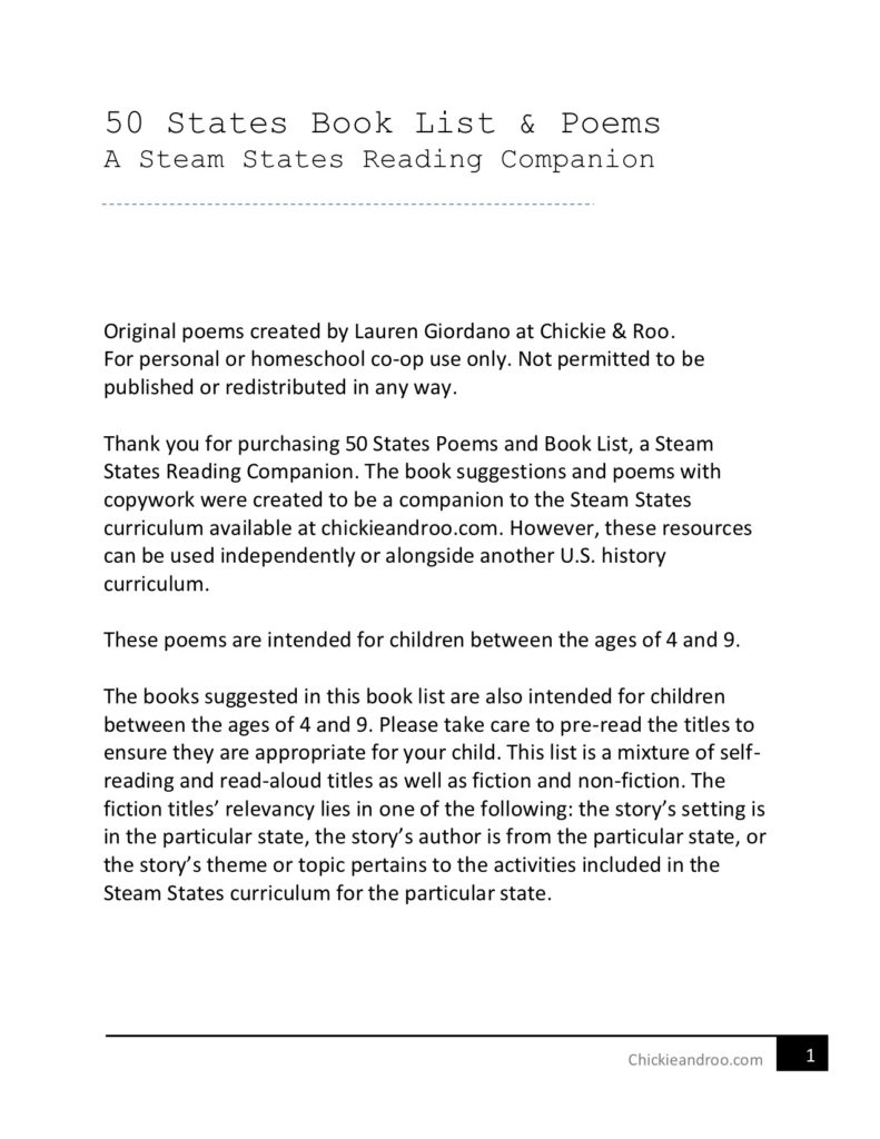 State Studies Reading Companion-Book List & Poems - Chickie & Roo ...